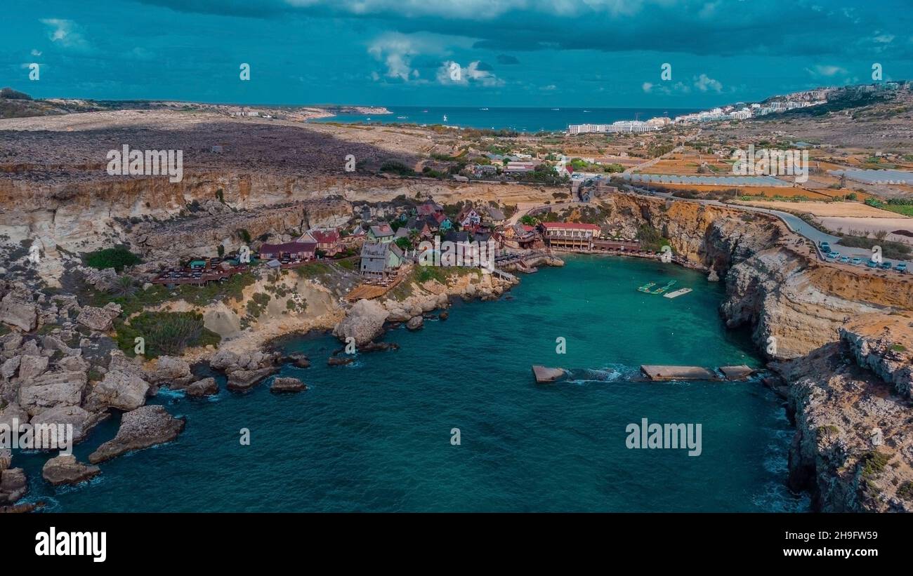 Aerial drone Panorama of picturesque bay in Malta called Popeye village ...