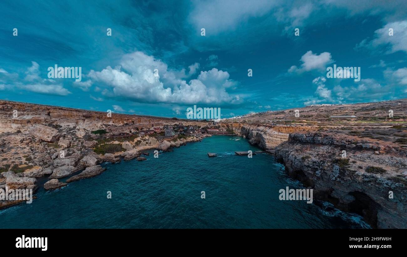 Aerial drone Panorama of picturesque bay in Malta called Popeye village ...