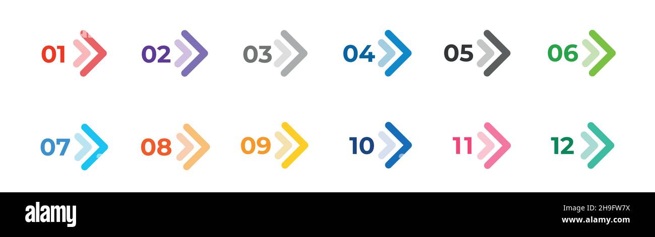 Colourful arrows set isolated on white. Direction number bullet points ...