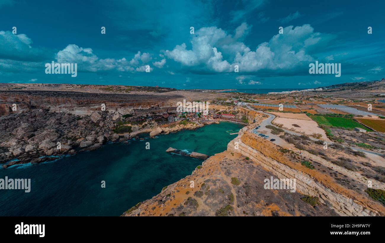 Aerial drone Panorama of picturesque bay in Malta called Popeye village ...