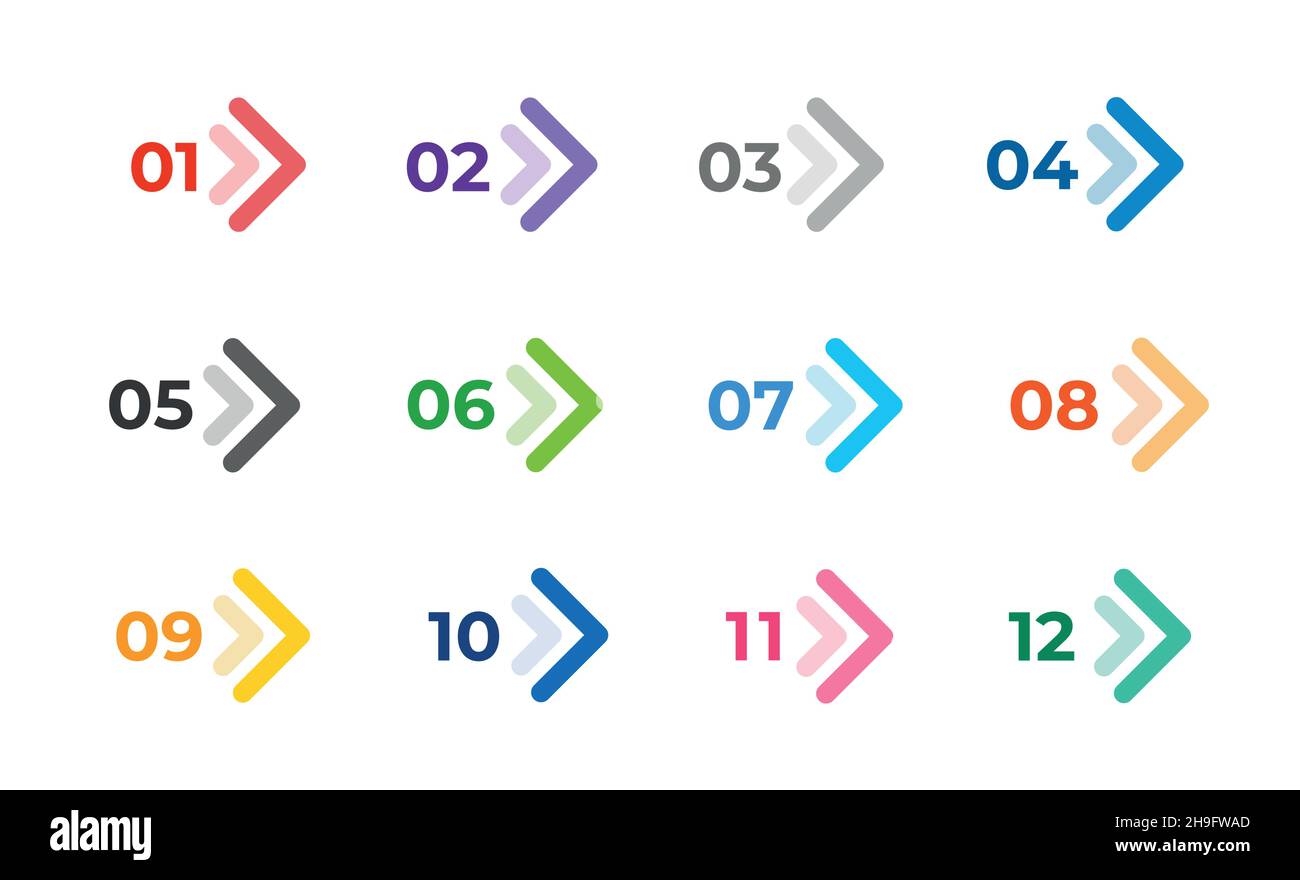 Colourful arrows set isolated on white. Direction number bullet points from one to twelve Stock ...