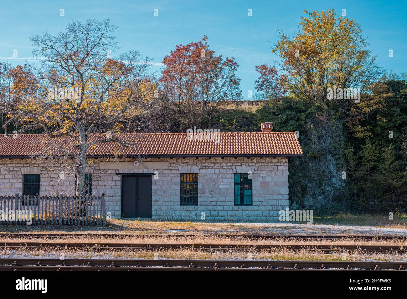 Goods warehouse or old service building on the station of Stanjel ...