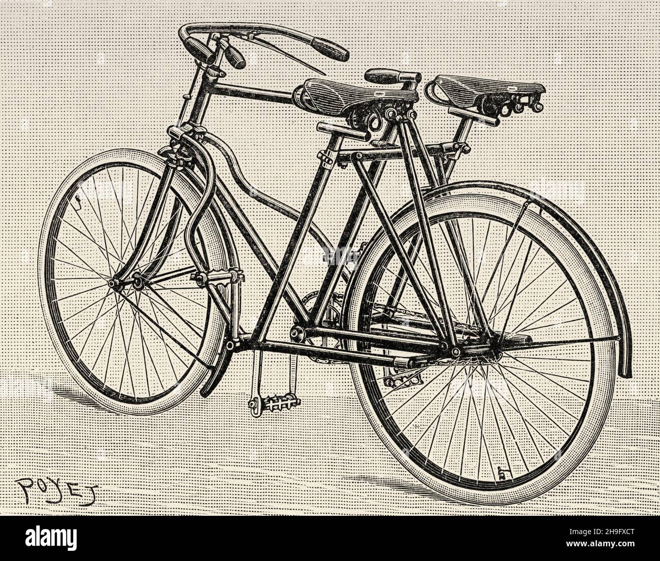 Bicycle transformed into sociable. Old 19th century engraved ...