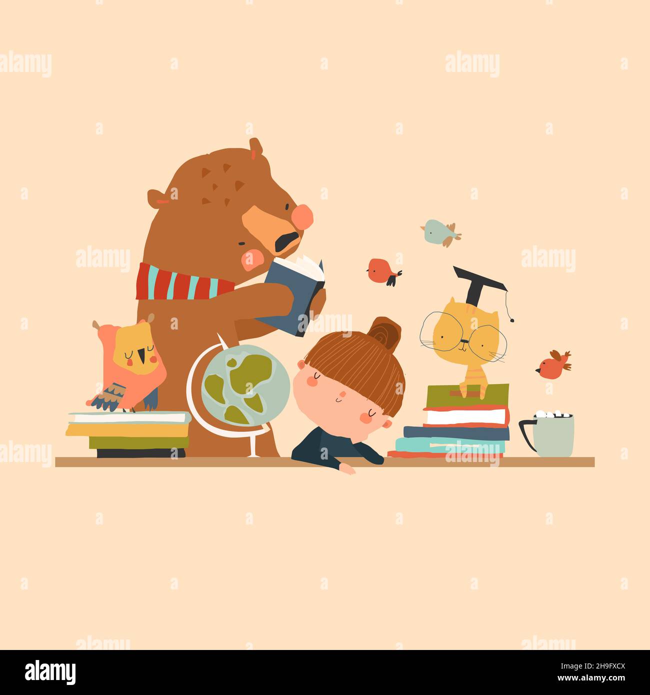 Funny Cartoon Friends learning in the School Stock Vector Image & Art ...