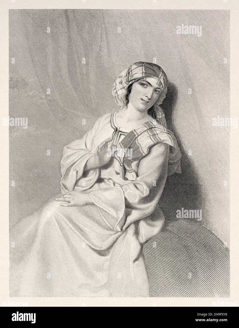 Sarah, wife of Tobit. Old 19th century engraved illustration from ...