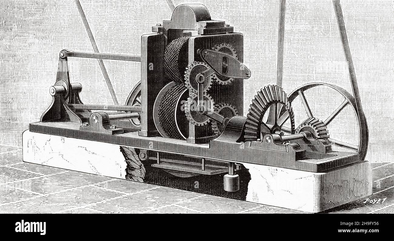 Machine for separating asbestos fibers. Old 19th century engraved ...