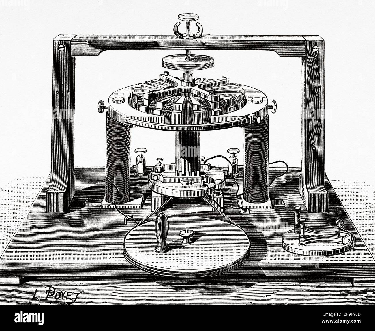 Magnet electric machine of Pacinotti, 1860. Old 19th century engraved ...