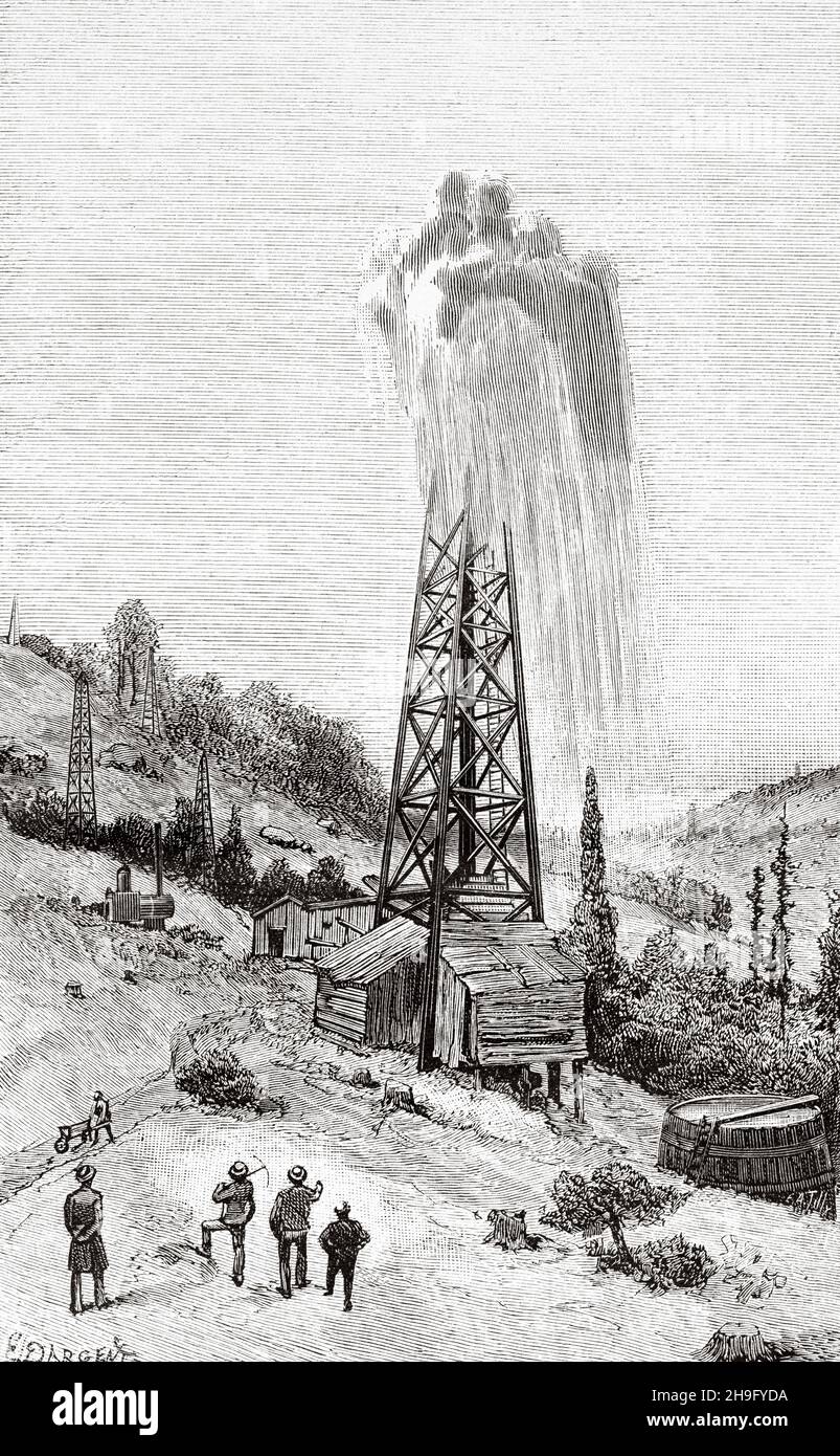 Oil well pouring oil. Old 19th century engraved illustration from La ...