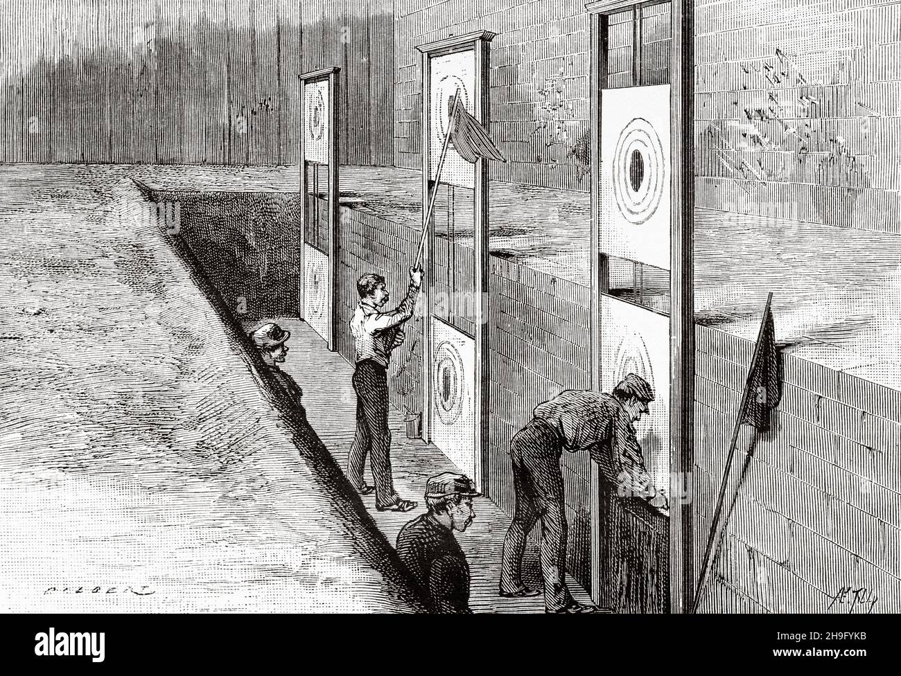 Arrangement of firing targets. Old 19th century engraved illustration ...