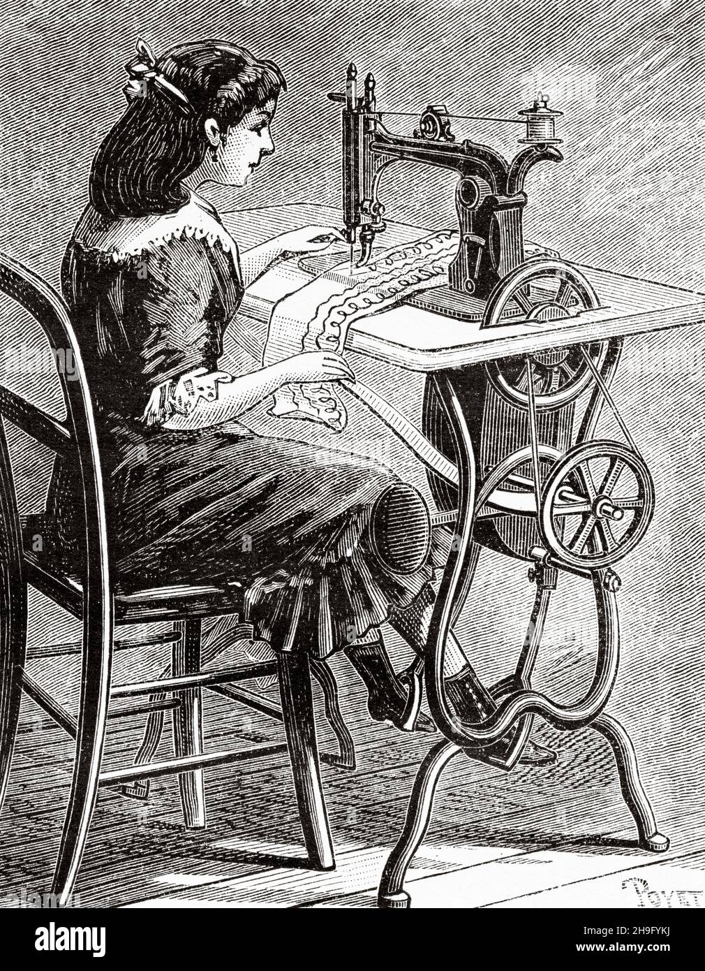 Woman using a treadle-powered sewing machine. Old 19th century engraved ...