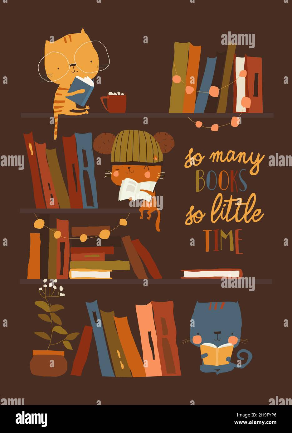 Cartoon Cute Cats reading Books on Bookshelves Stock Vector Image & Art ...
