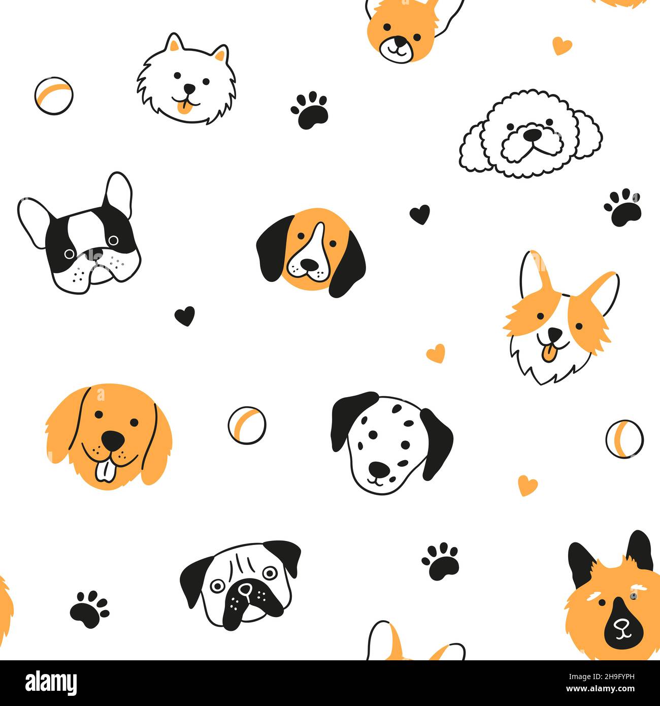 Dog faces seamless pattern. Hand drawn heads of different dog breed ...