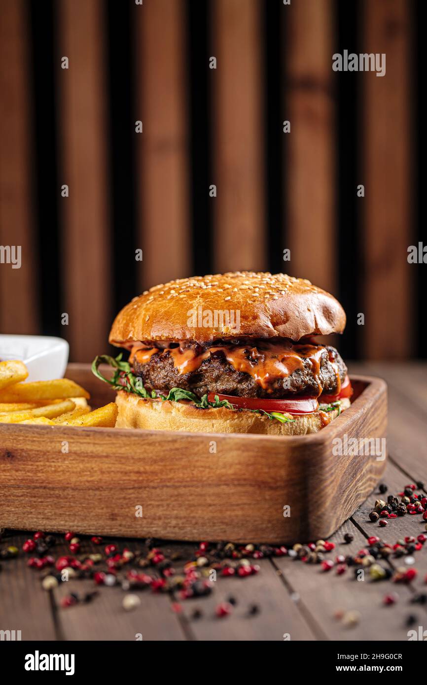 Beef burger set with french fries and ketchup Stock Photo - Alamy