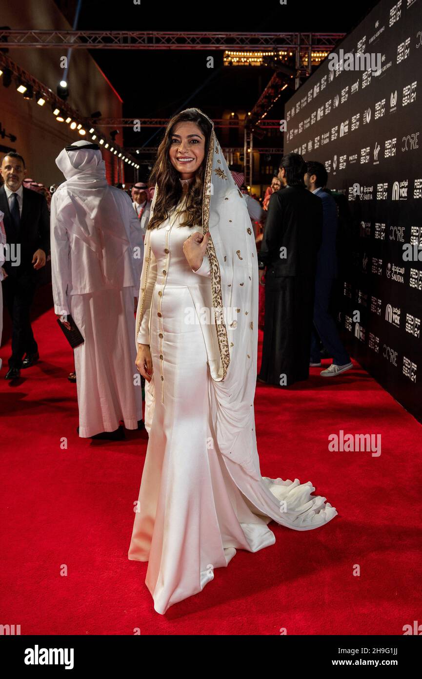 Jaddah, Saudi Arabia. 06th Dec, 2021. Saudi fashion designer Honayda Serafi arrives to the ...