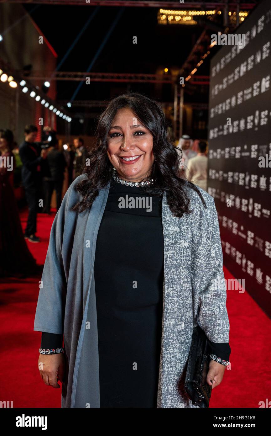 Jaddah, Saudi Arabia. 06th Dec, 2021. Saudi film director Haifaa al-Mansour walks the red carpet ...