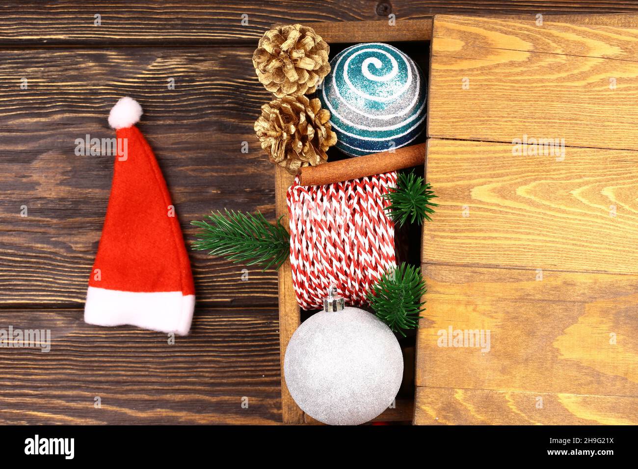 Christmas layout on a wooden background. Vintage wooden box with ...