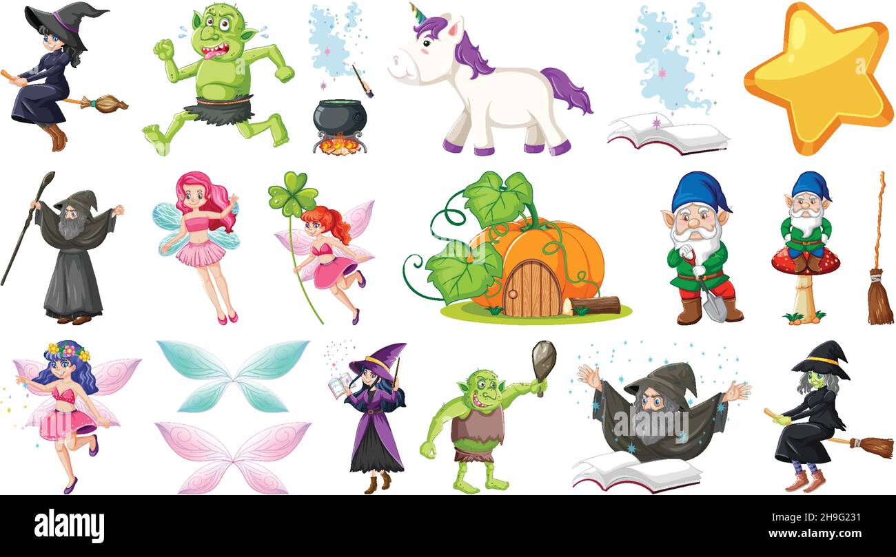 Set of fantasy fairy tale characters and elements illustration Stock ...