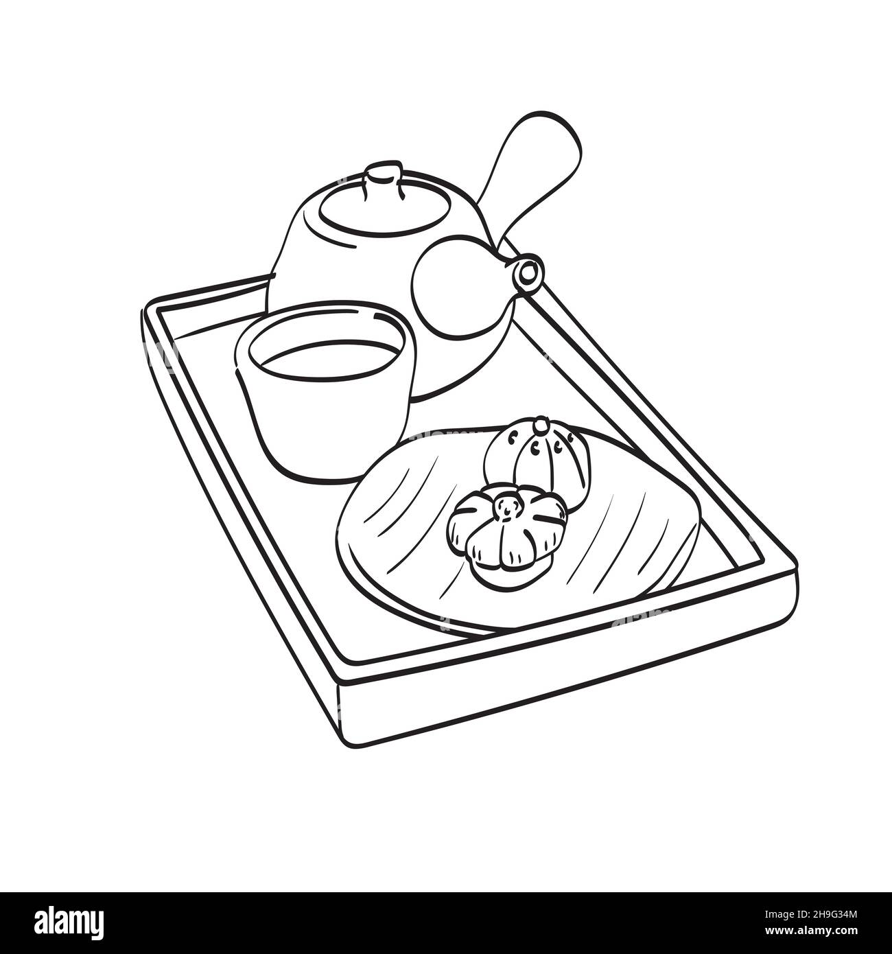 traditional japanese tea pot and cup with sweets on tray illustration ...