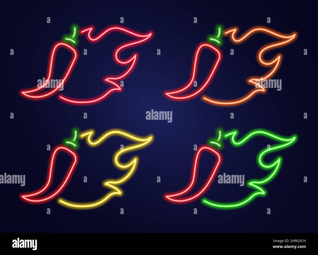 Neon icon set chilli with fire. Signboard with hot burning pepper ...
