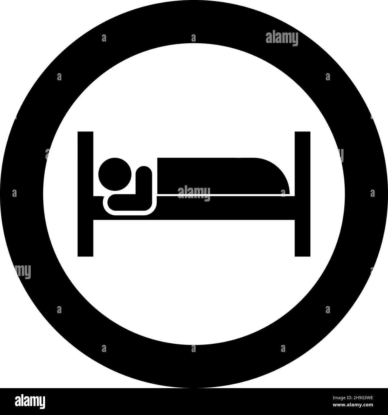 Man lies on bed sleeping concept Hotel sign icon in circle round black ...