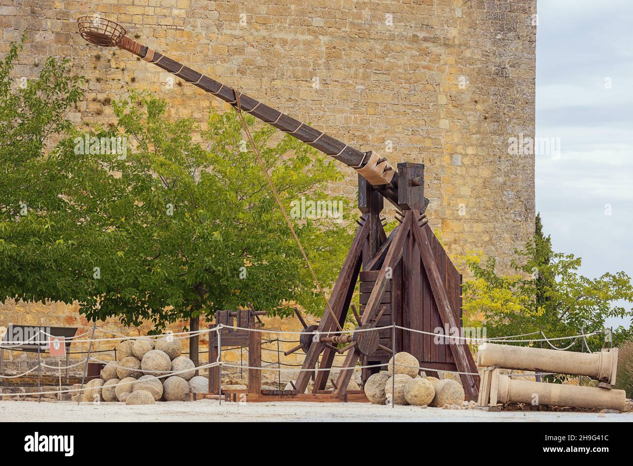 Trebuchet on display at the La Mota fortress, a large walled enclosure ...