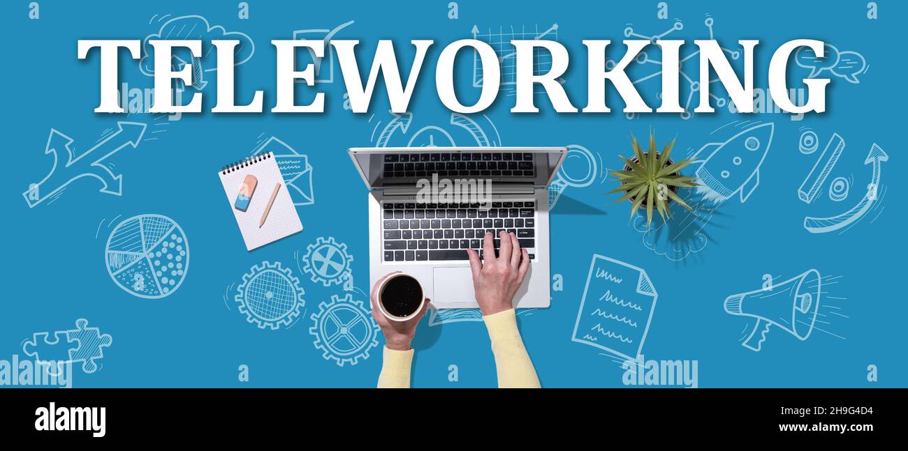 Teleworking concept with top view of hands using laptop on doodle icons ...