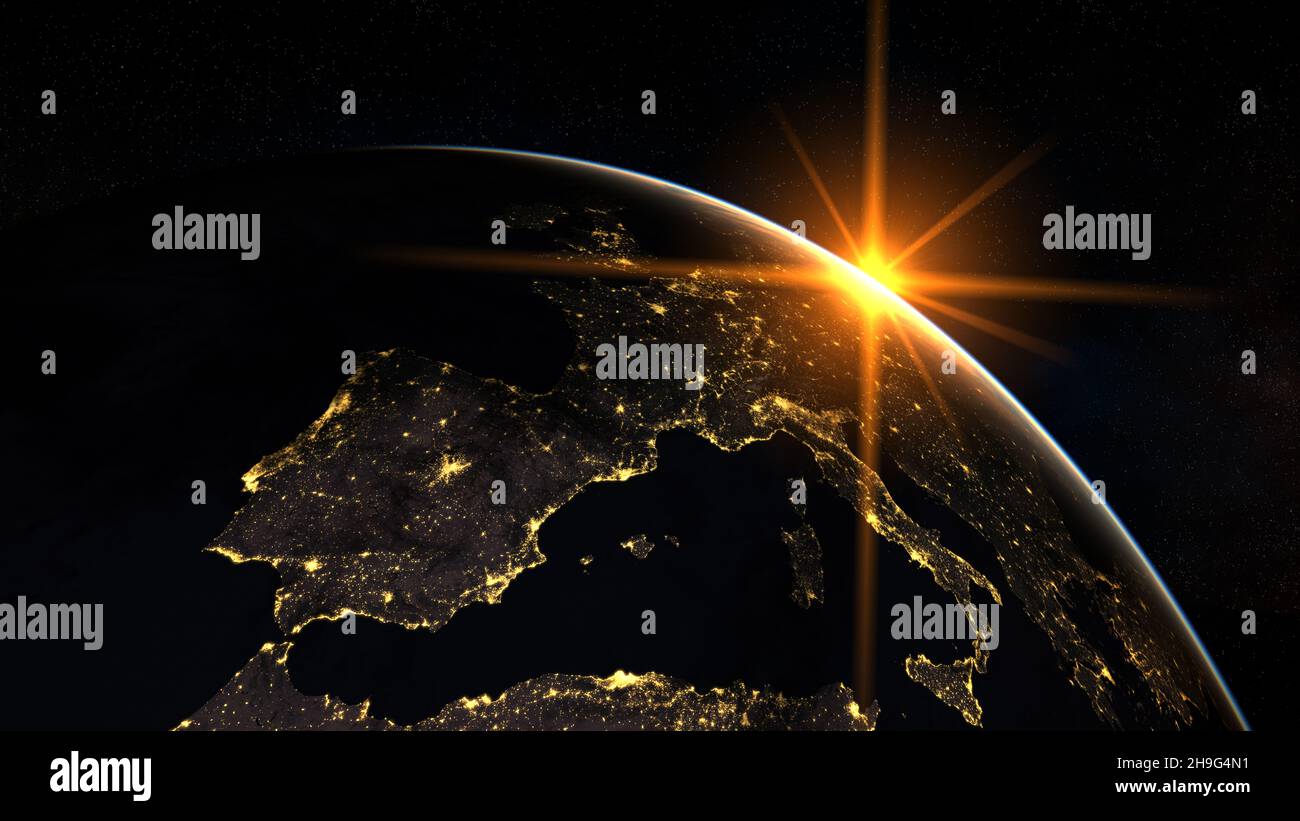 Sunrise over the European continent - a view from space Stock Photo - Alamy