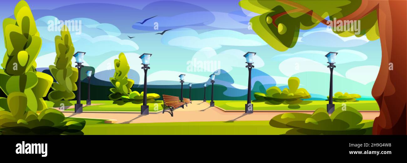 Empty city park with wooden benches, green trees and street lamps along ...