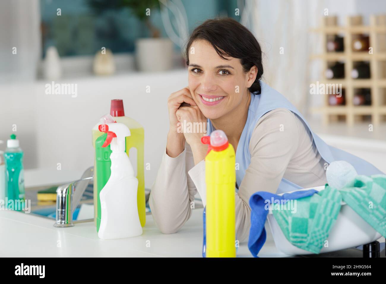 happy cleaner girl with chestnut hair working Stock Photo - Alamy