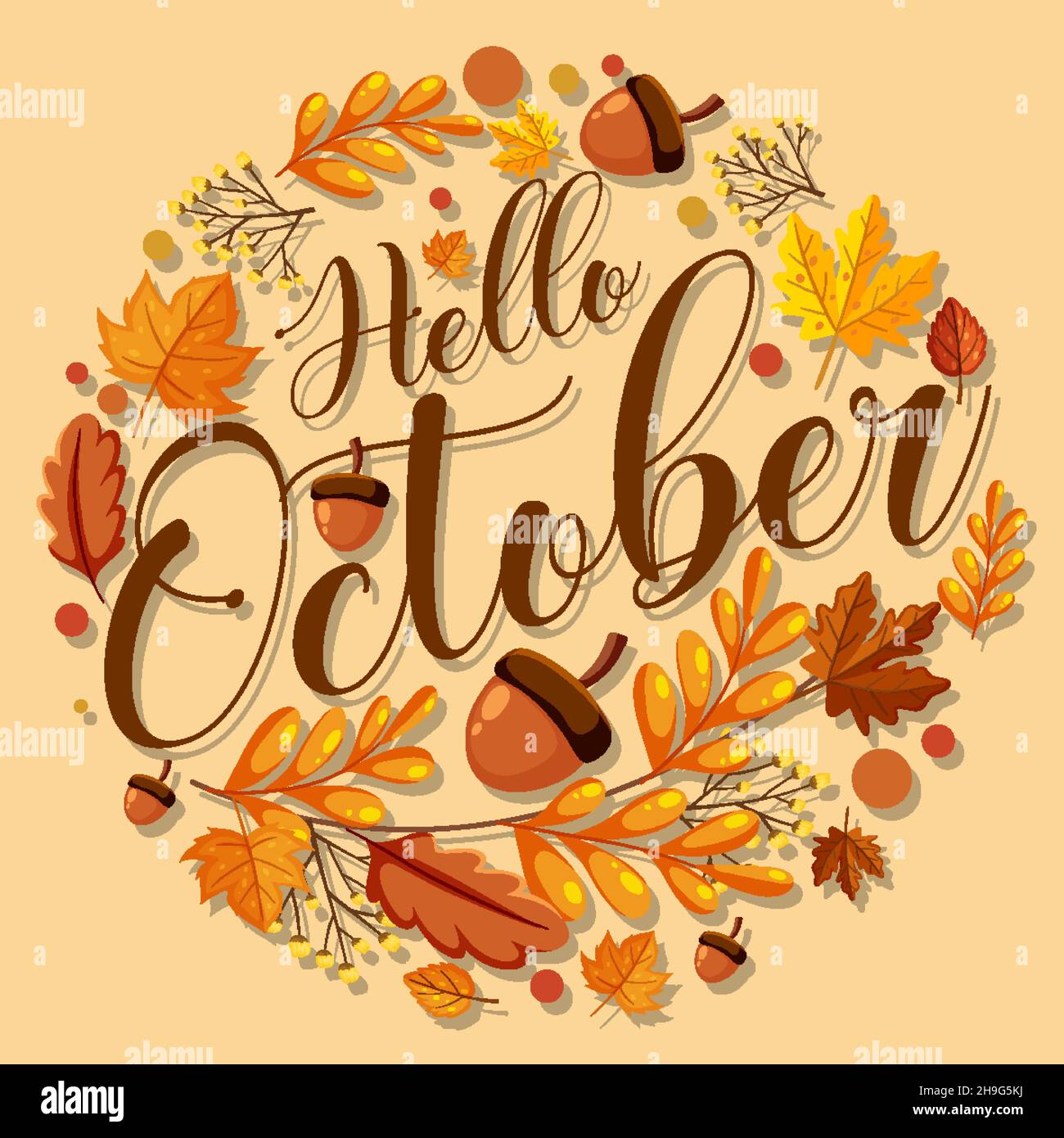 Hello October with ornate of autumn leaves frame illustration Stock ...