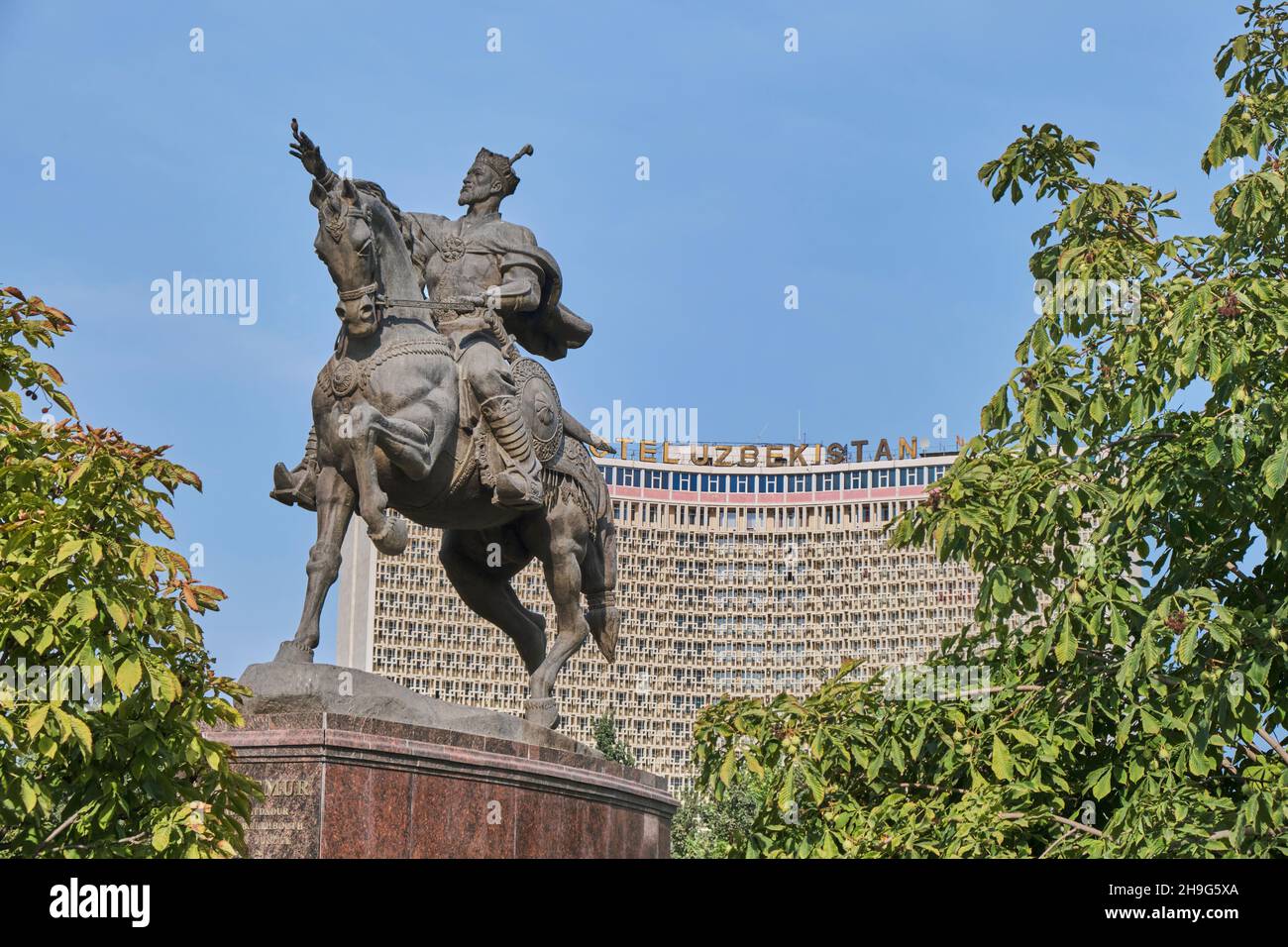 The big, bronze statue, sculpture of Amir Timur on a horse. Funny, a ...
