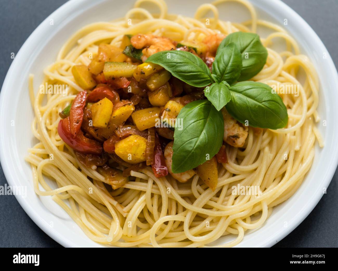 Spaghetti alla busara pasta with shrimps an Italien specialty Stock ...