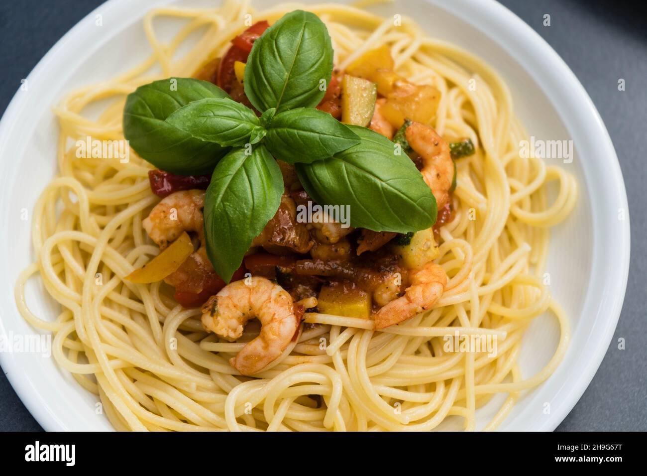Spaghetti alla busara pasta with shrimps an Italien specialty Stock ...