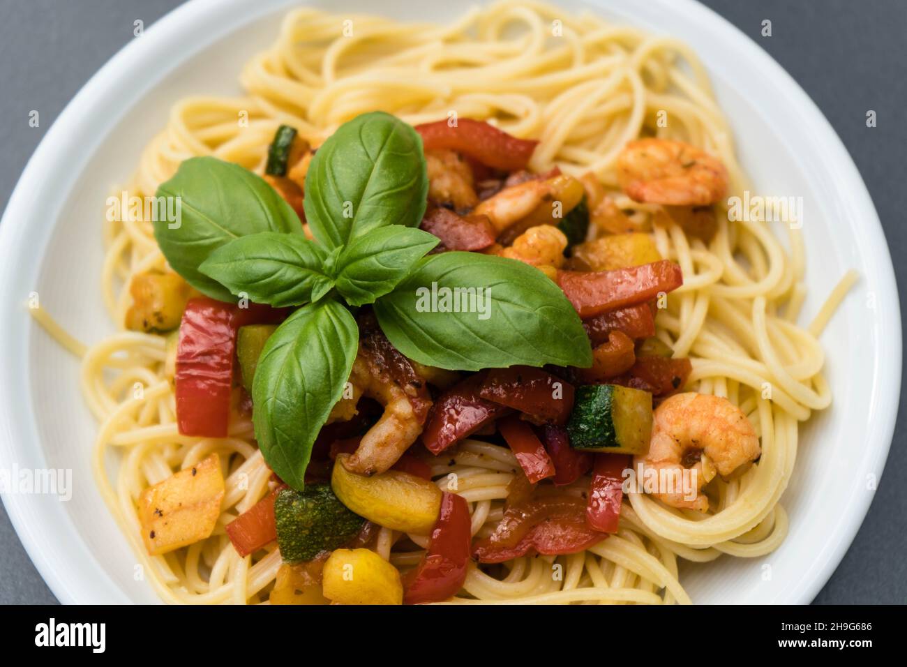 Spaghetti alla busara pasta with shrimps an Italien specialty Stock ...