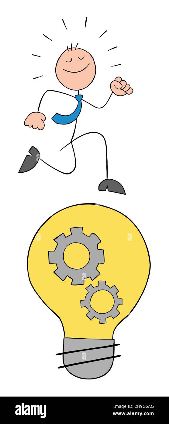Stickman businessman is running and happy over the glowing light bulb ...