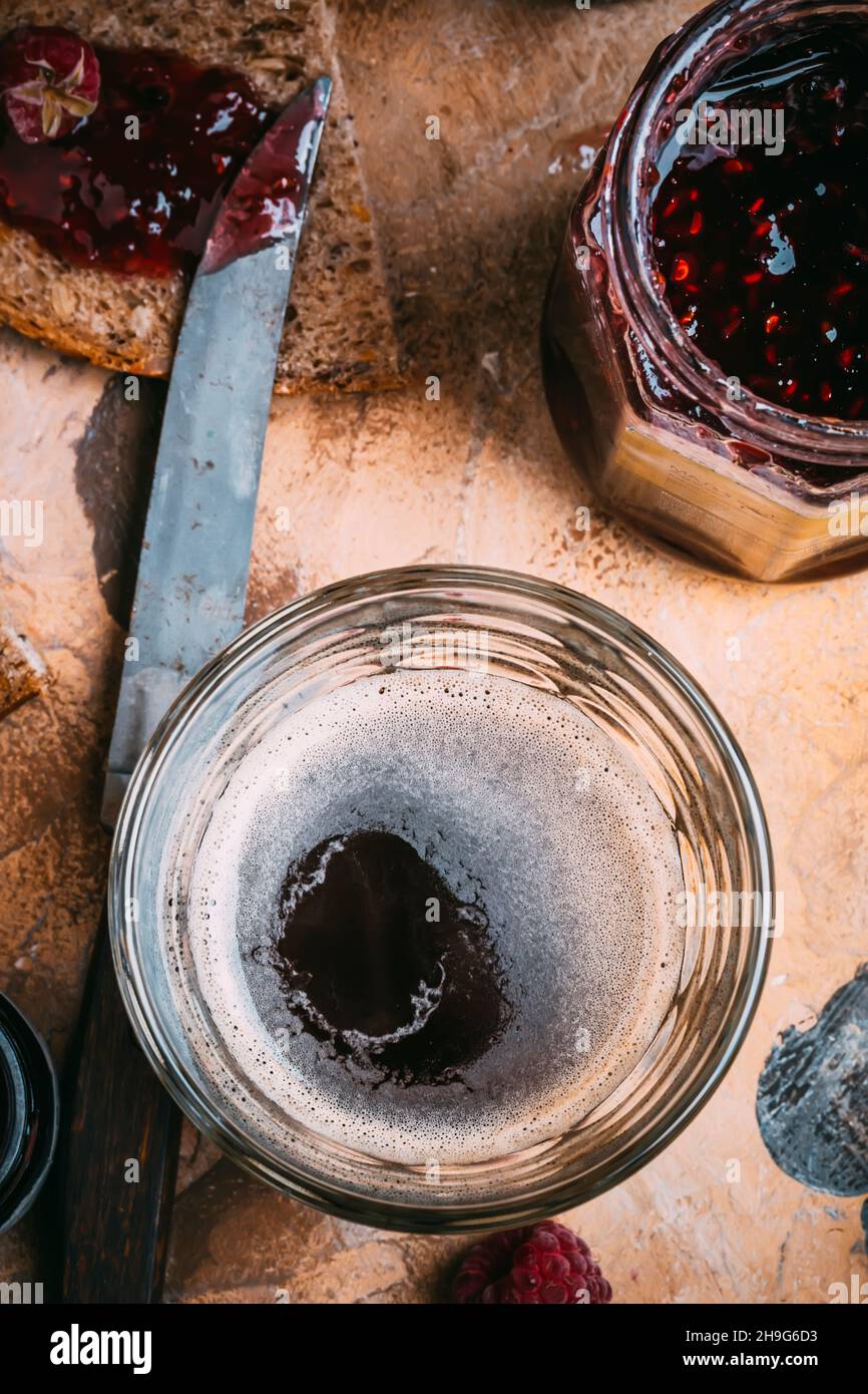 coffee and toast with raspberry jam Stock Photo - Alamy