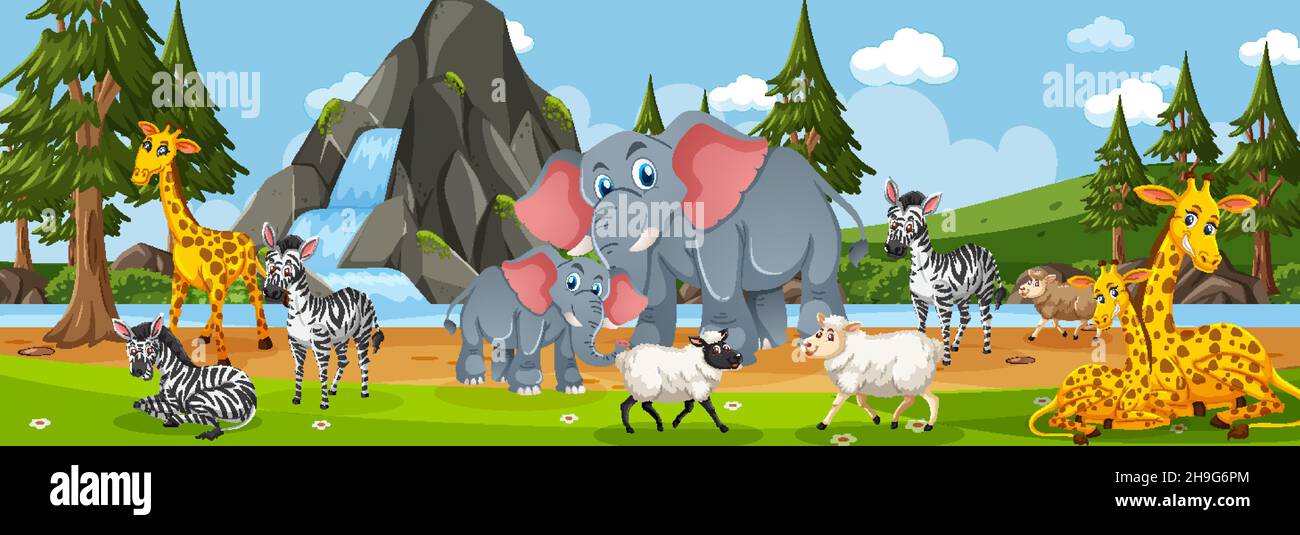 Outdoor panorama scene with wild animals illustration Stock Vector ...