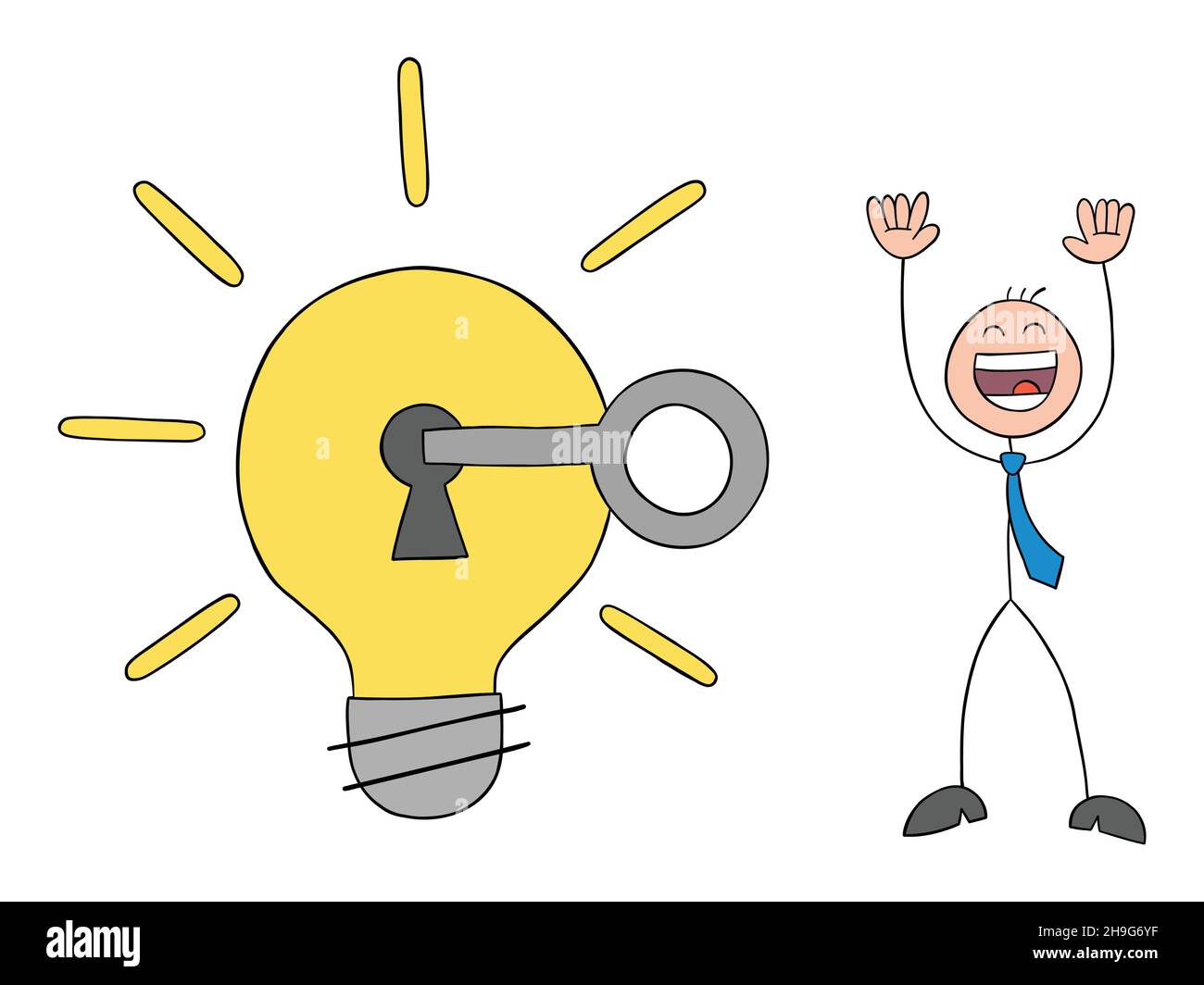 Stickman businessman unlocks the light bulb and is very happy. Hand ...