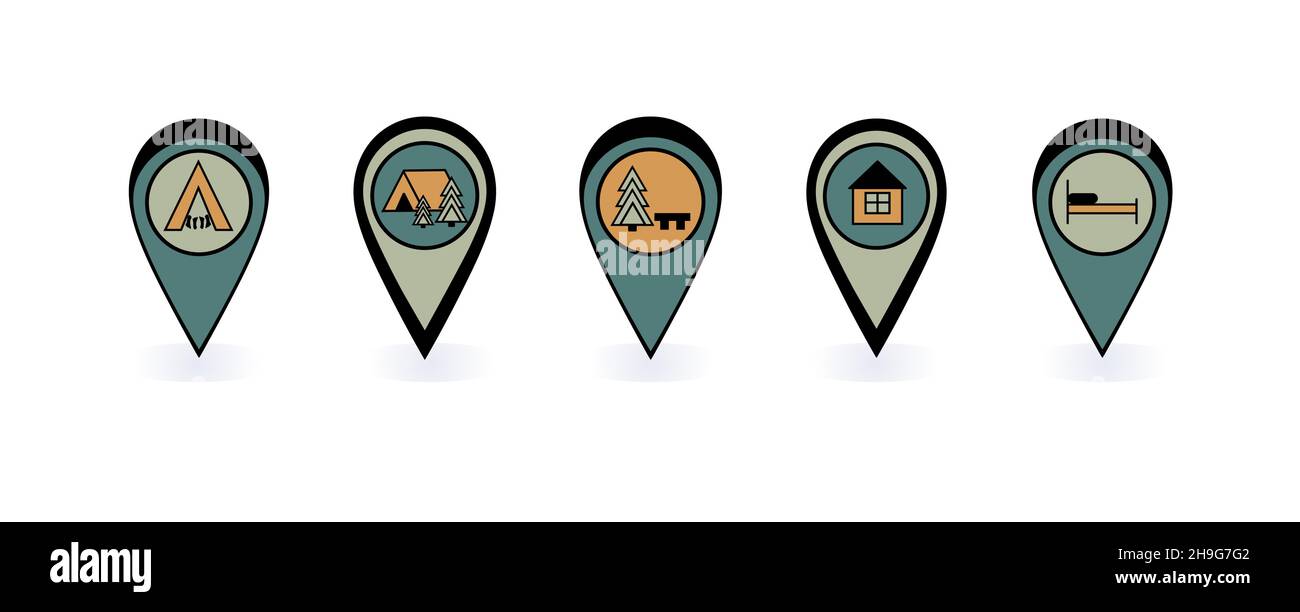 Set of vector pins with location icons. Colored pointers for route ...