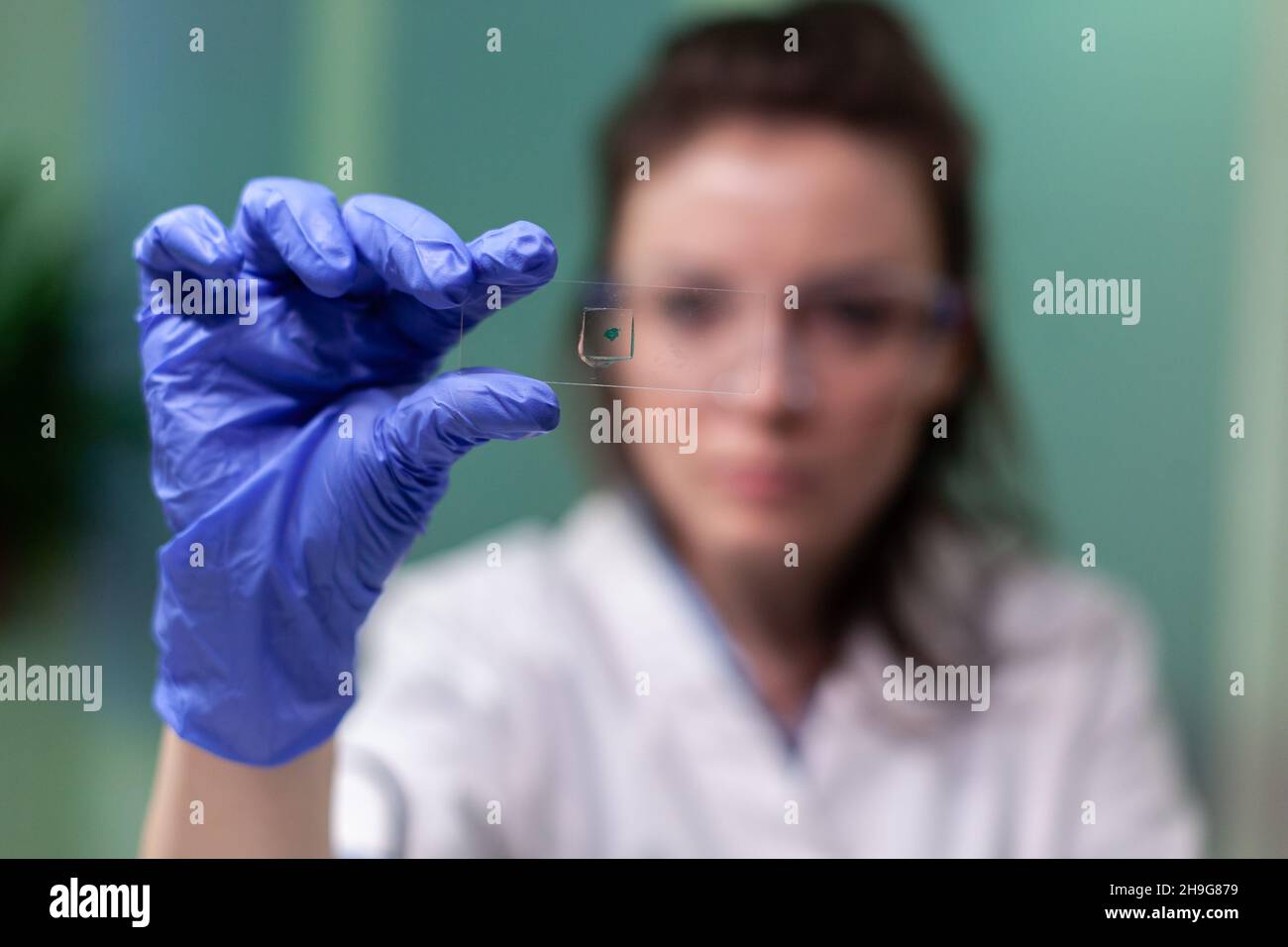Portrait of biologist scientist woman looking at microscope slide with ...