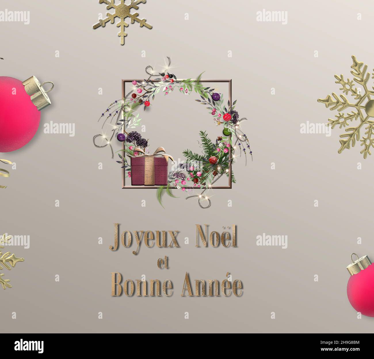 Christmas greeting template in French. 3D realistic Xmas balls ...