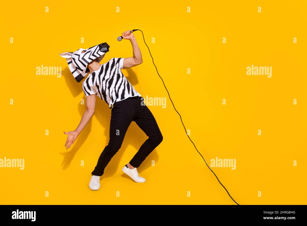 Full length photo of freak famous singer in zebra mask sing mic sound ...