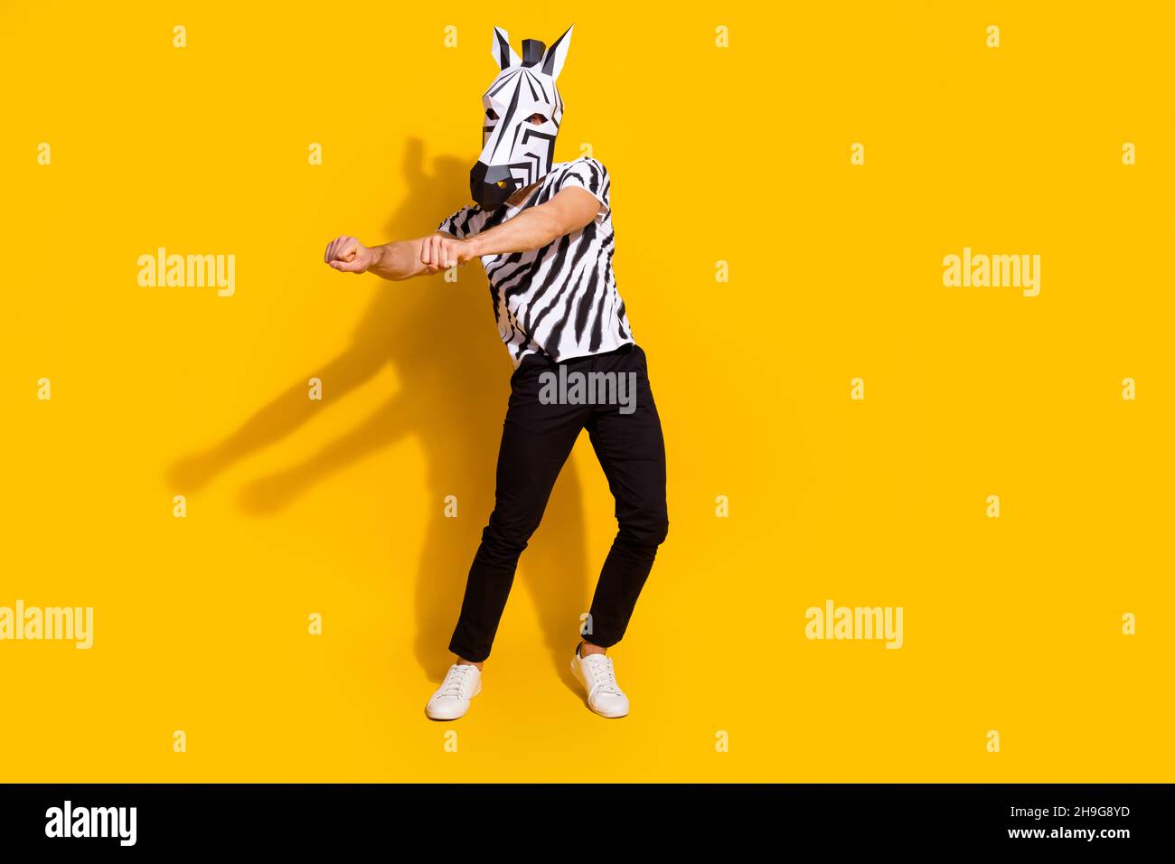 Full length photo of freak bizarre guy in zebra costume dance rhythm ...