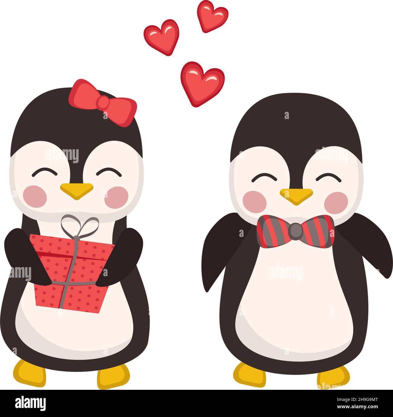 Cute penguins in love in childish style with red heart and gift box ...