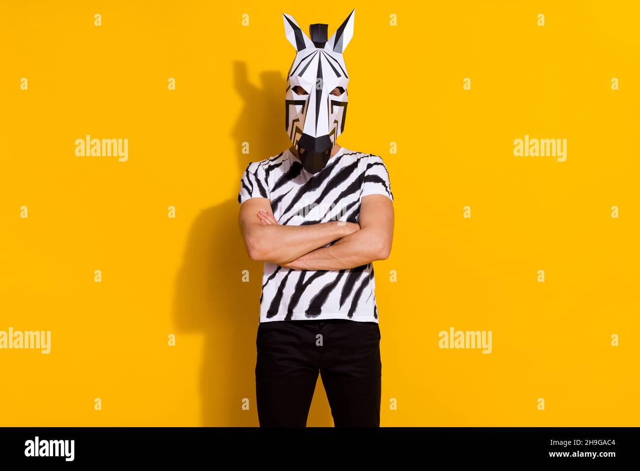 Photo of unusual absurd guy in zebra costume cross arms prepare theme ...