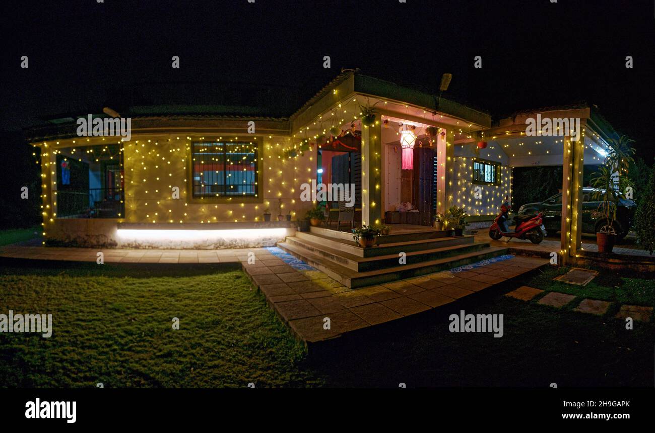House decorated with multi color fairy lights for Indian traditional ...