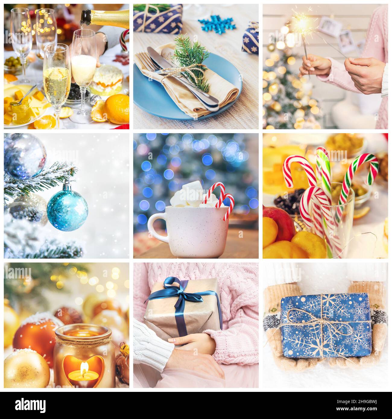 Collage with beautiful Christmas photos. Selective focus. New year ...