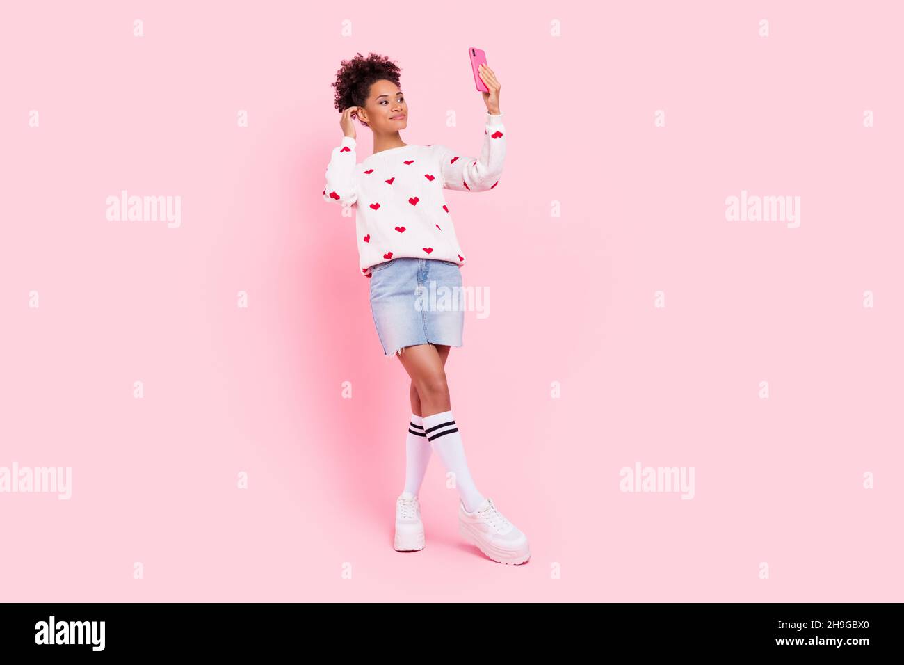 Full body photo of youth charming lady make selfie video recording ...