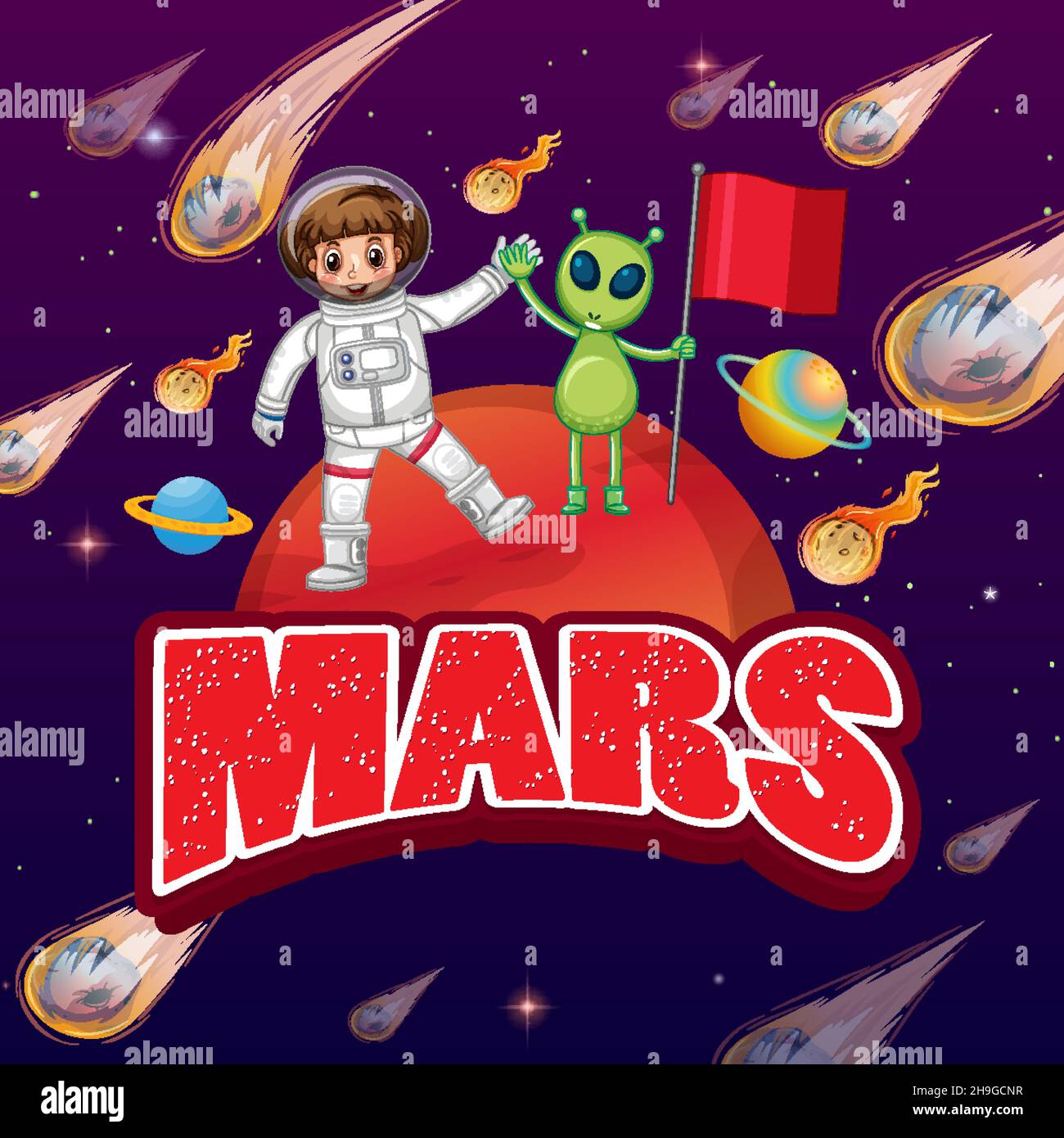 Astronaut kid and alien on planet cartoon poster illustration Stock ...