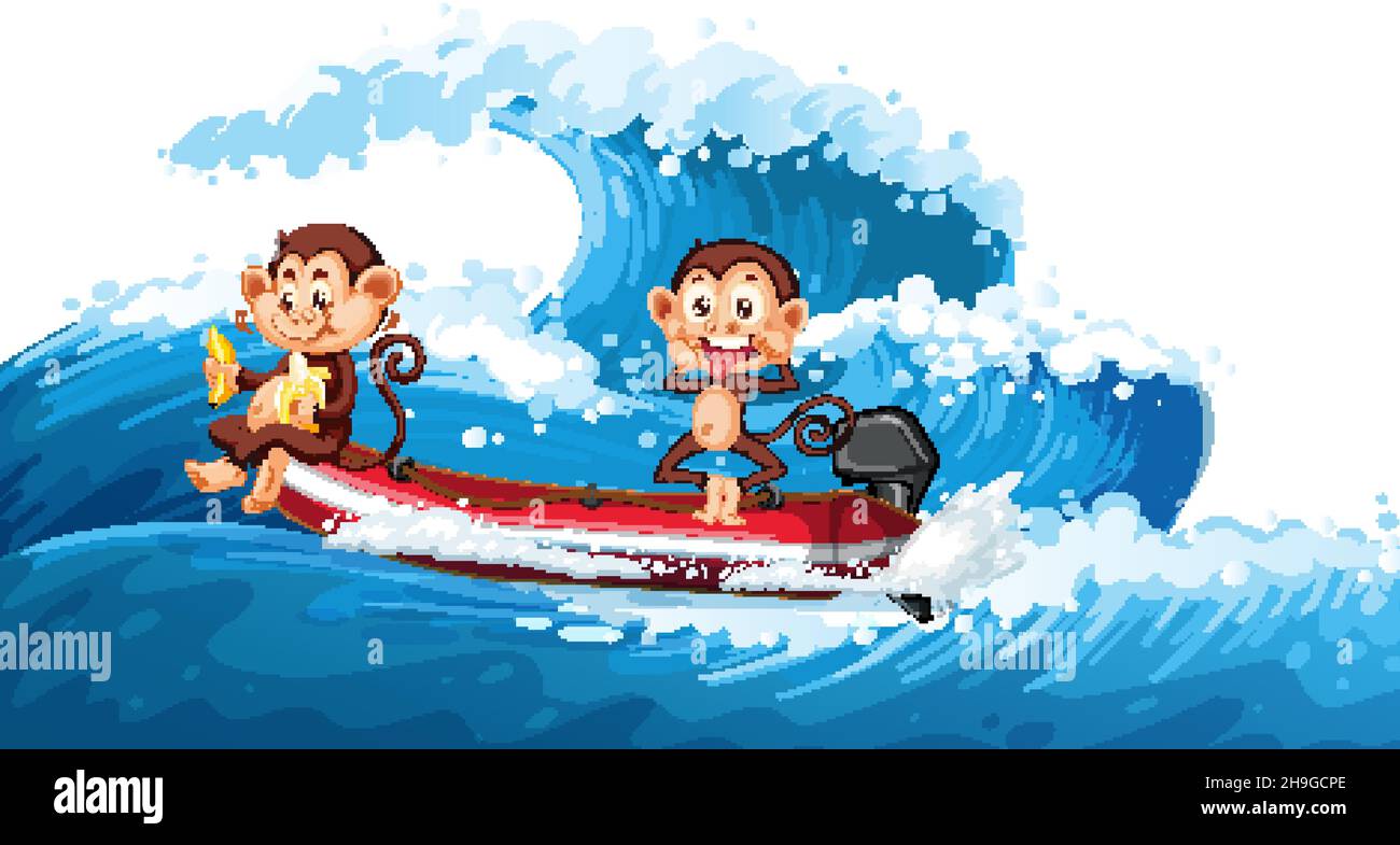 Two little monkeys on a boat with ocean wave illustration Stock Vector ...